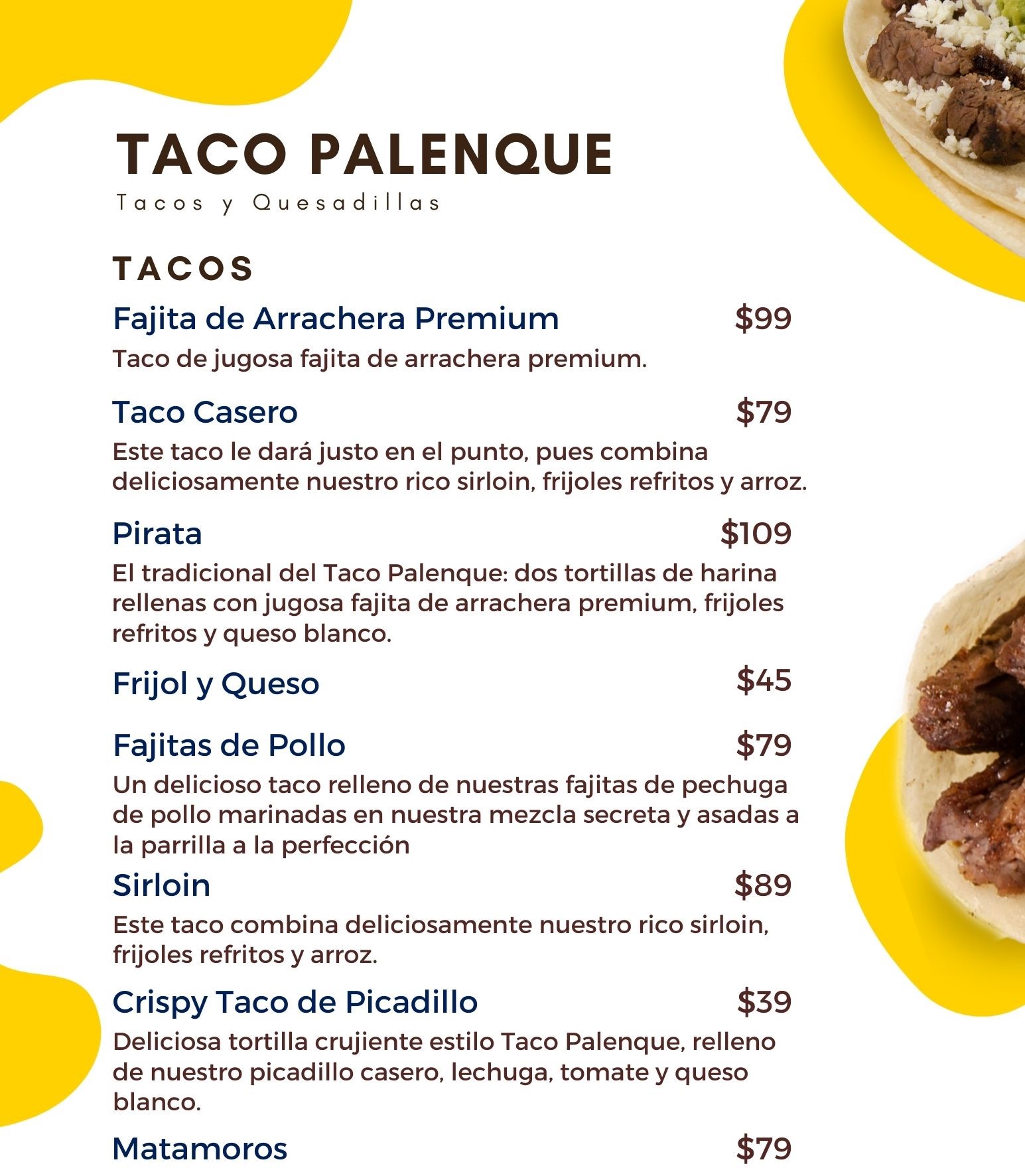 Menú Digital Tacos y Quesadillas | Taco Palenque