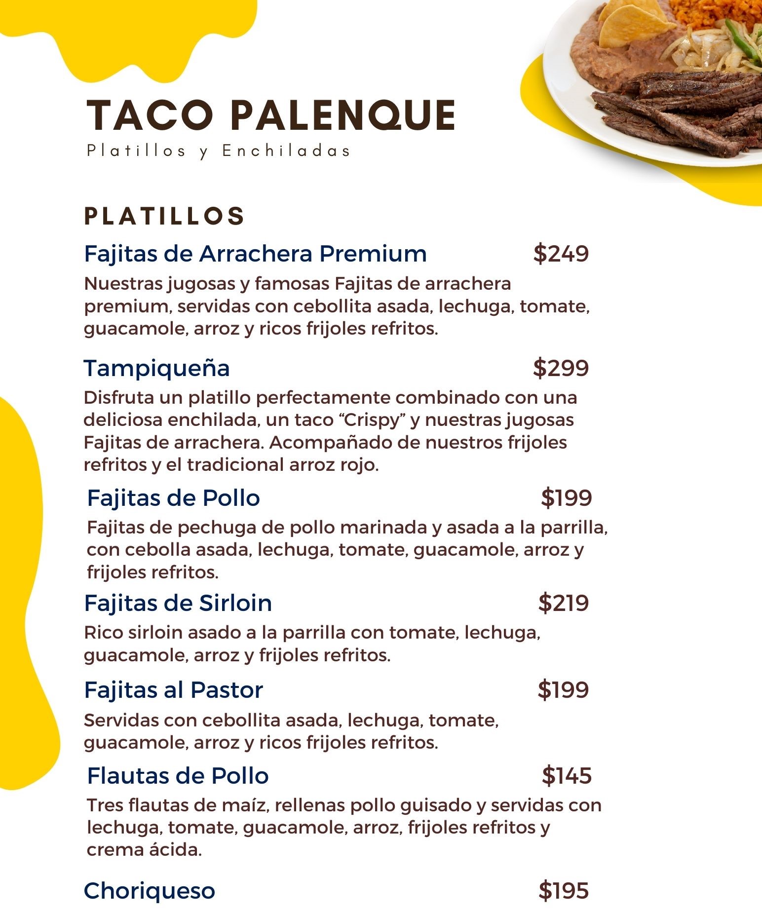 Menú Digital Platillos y Enchiladas | Taco Palenque